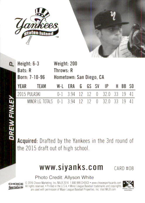 2016 Staten Island Yankees Choice #8 Drew Finley San Diego California ...