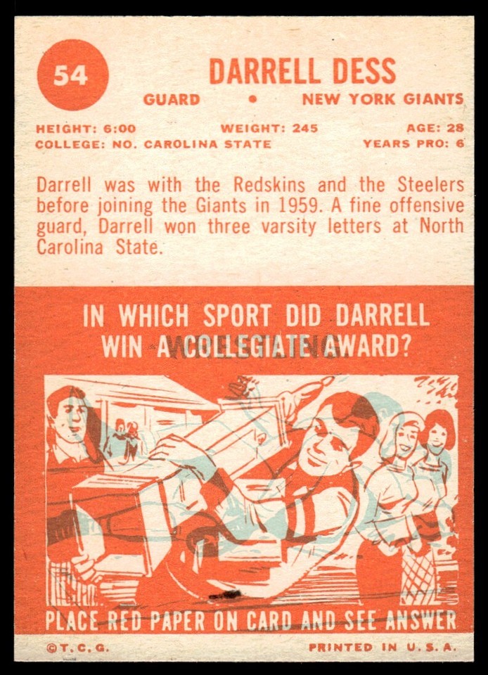 1963 Topps Darrell Dess RC New York Giants #54 | eBay