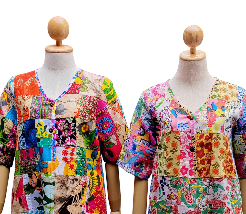 Handmade Boho A-Line Dress, V-Neck Button Front, Patchwork Cotton by Thai Women | eBay