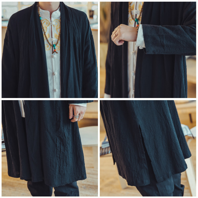 Mens Cotton Linen Kimono Loose Coat Yukata Japanese Jackets Long ...