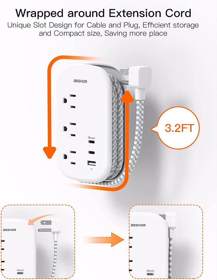 Flat Plug Power Strip, 3 Outlets with 3 USB Ports(2 USB C), Ultra Flat ...