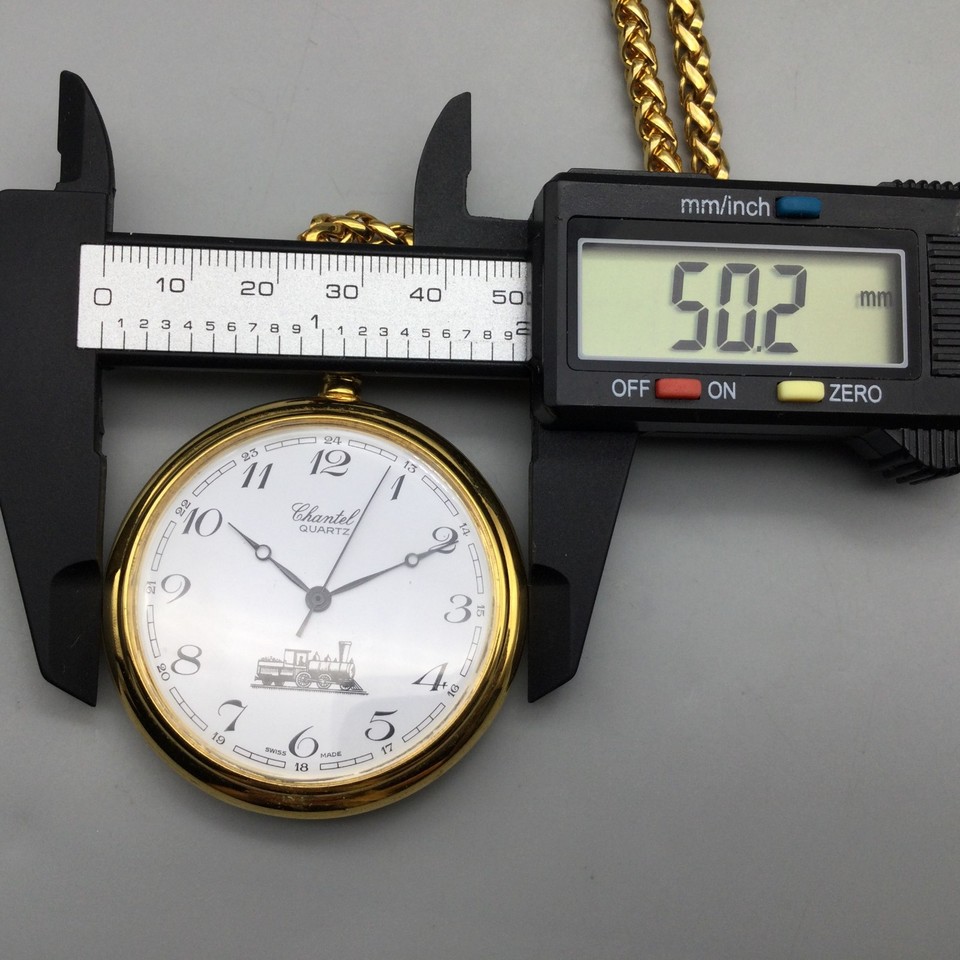 Vintage Chantel Pocket Watch Swiss Made 50mm Yellow Gold Tone Chain New ...