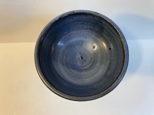 Hand-made blue glaze pottery goblet shallow cup white band signed '02 ...