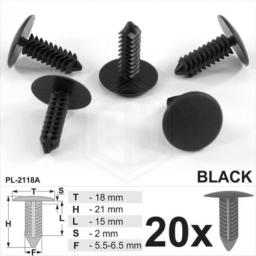 20 x Black Plastic Fir Tree Trim Clips 6mm Hole 18mm Head Car Van Push ...
