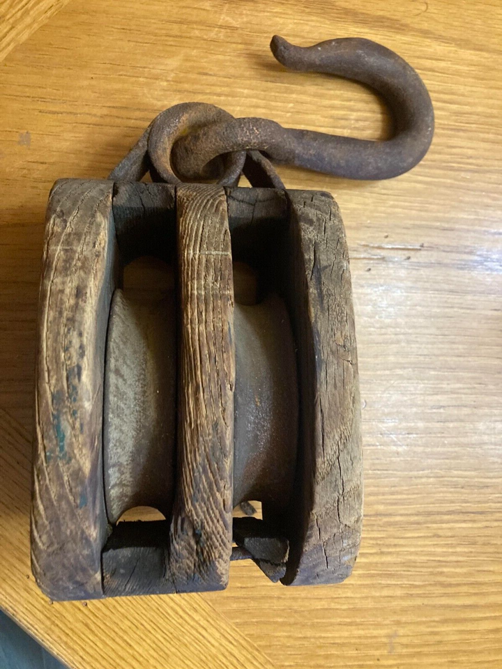 Vintage Wooden Farm Double Sheive Pulley Block Tackle Nautical Collect ...