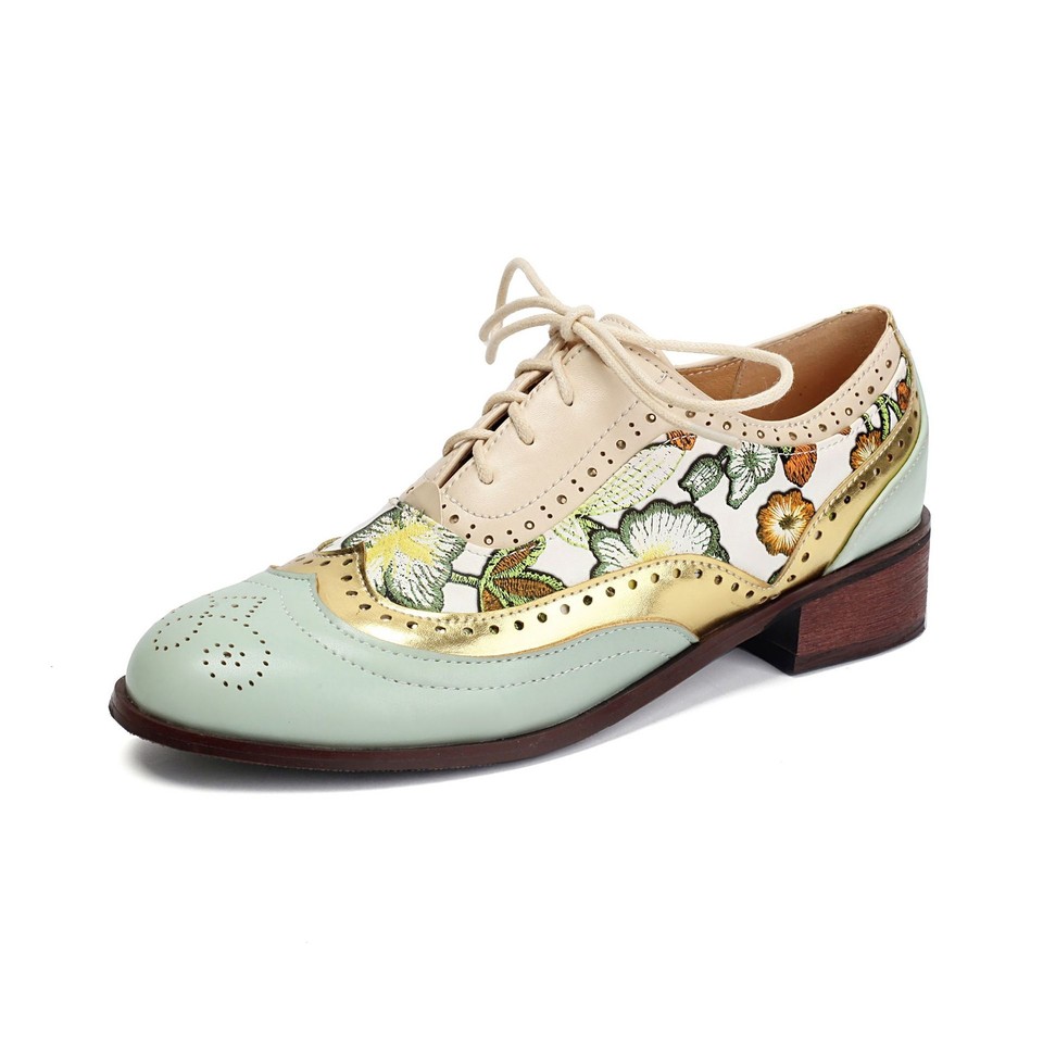 Womens Spring Colorblock Carved Wing Tip Brogues Lace Up Low Block Heel ...
