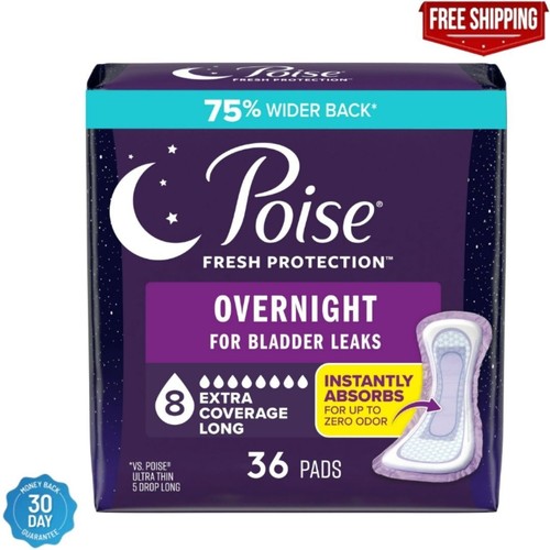Poise Overnight Incontinence Pads for Women, 8 Drop Extra Coverage, 36 ...