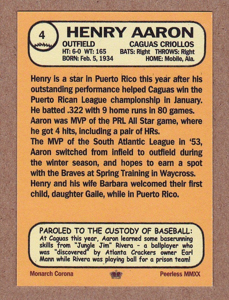 Hank Aaron, Caguas Puerto Rican League / MC Peerless #4 / FREE SHIP ...