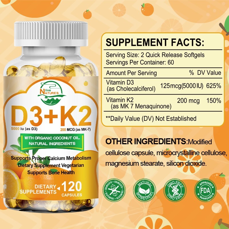 Vitamin D3 5000 IU + K2 200mcg 120 Capsules Extra Strength D3 K2 ...