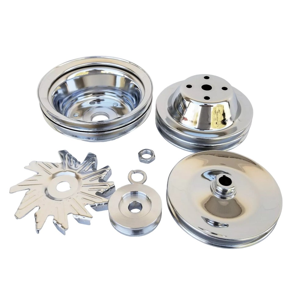 Small Block Chevy Chrome 4 Pulley Set SBC 2 groove LONG pump 305 350 ...