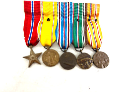 WORLD WAR II RIBBON BAR WITH FIVE SMALL HANGING MEDALS EUROPEAN AFRICA ...