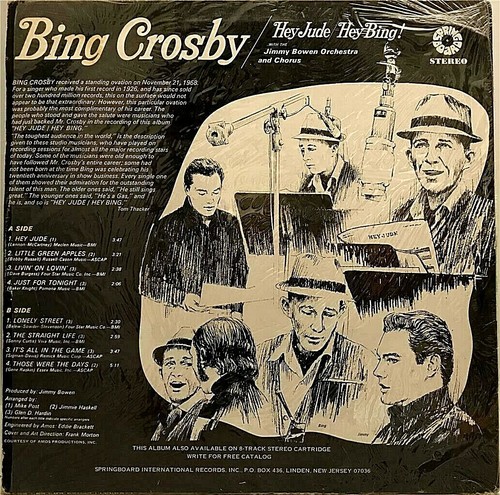 BING CROSBY "Hey Bing, Hey Jude" Vinyl Stereo LP 1969 SP-4008 VG+ / EX ...