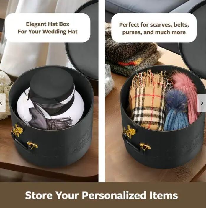 Luxury Stylish Round Hat Box Storage With Gold Locking Lid - Black | eBay