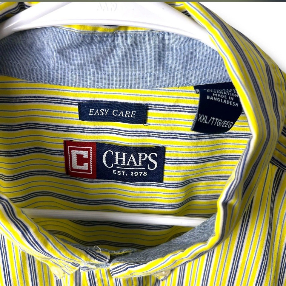 Mens Size 2XL Chaps Button Down Shirt Short Sleeve Yellow Blue Stripe ...