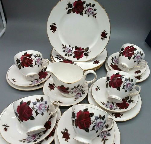 Vintage Fine Bone China Colclough Red Rose Tea Set Tea Caps England ...