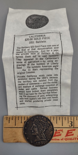 1851 Baldwin California $20 Gold Piece REPRODUCTION With History Paper ...