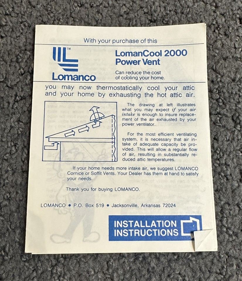 Lomanco LomanCool 2000 Power Vent Installation Instructions | eBay