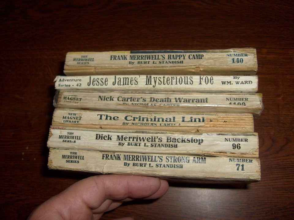 6 DIME NOVEL TYPE PAPERBACKS: NICK CARTER, JESSE JAMES, FRANK MERRIWELL ...