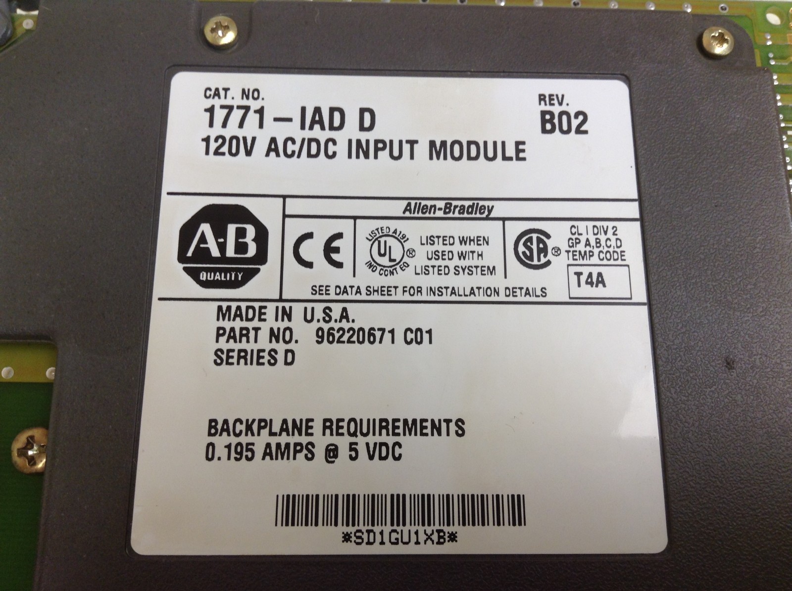 Allen Bradley 1771-IAD D Ser. D 120 V AC/DC Input Module Rev B02 ...