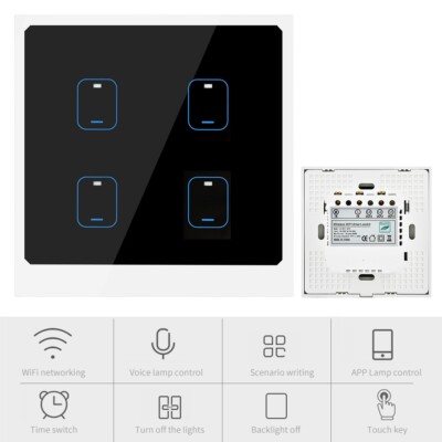 Remote Control 4 Gang WiFi Touch Light Switch APP Voice Control 90-250V ...
