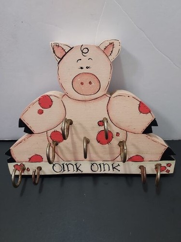 Vintage Piggy Key Holder WALL MOUNT Wood 9 Hooks | eBay