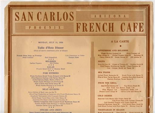 San Carlos French Cafe Menu Phoenix Arizona 1938 Max Vanderbilt Haunted ...