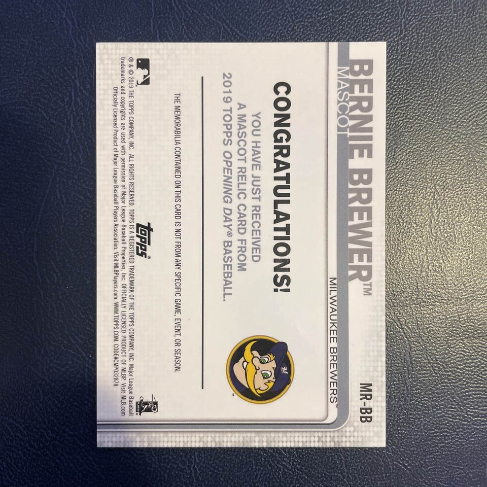 BERNIE BREWER 2019 Topps Opening Day Mascot Relic Patch Brewers #MR-BB ...