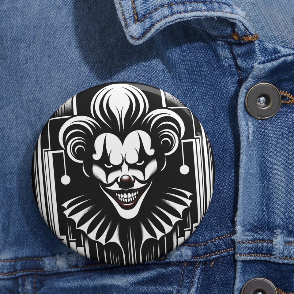 Custom Pin Button Badge Retro Scary Horror Clown Art Deco Black White ...