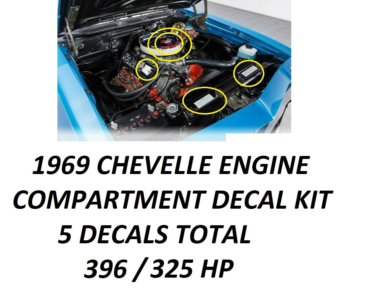 1969 Chevelle 396 325 HP Decals Engine Air Cleaner Valve Covers SET ...