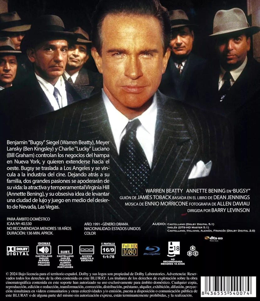 BUGSY (1991) Warren Beatty Blu-Ray NEW (Spanish Package has English ...