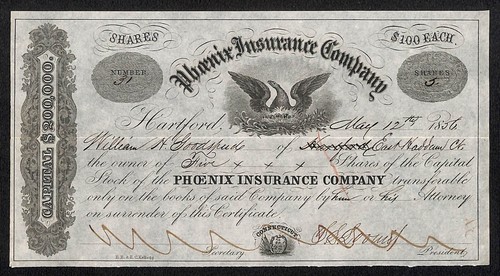 Phoenix Insurance Company Hartford, CT 1856 Stock Certificate W. H ...