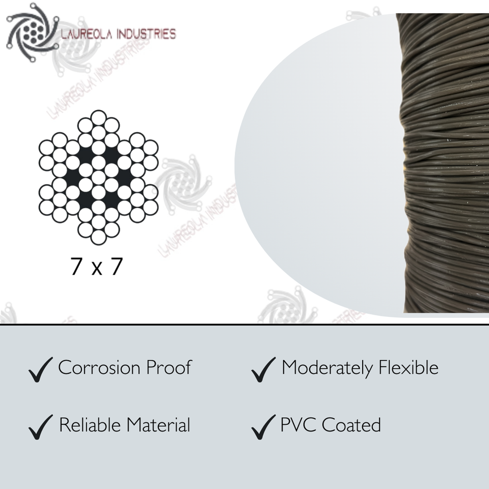 1/16" to 3/32" Vinyl Coated Brown Color Galvanized Cable 7x7 Strand ...