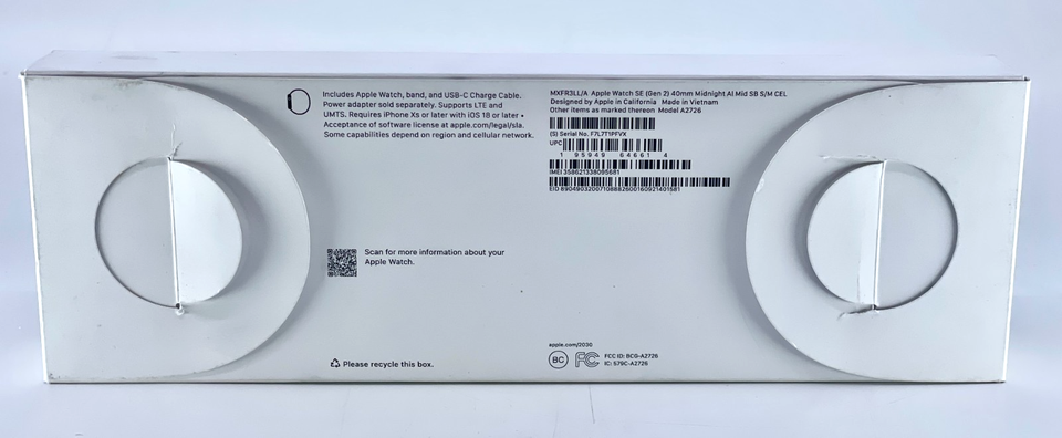 OEM Apple Watch SE 2nd Gen 40mm GPS/LTE Aluminum Case Midnight Band S/M ...