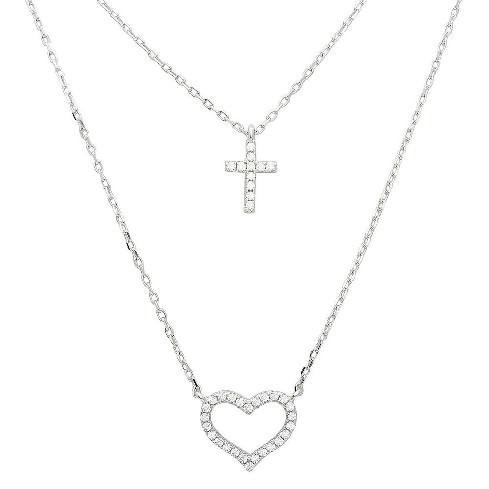 Sterling Silver Double Chains Necklace w/ CZ Stones Cross & Open Heart ...