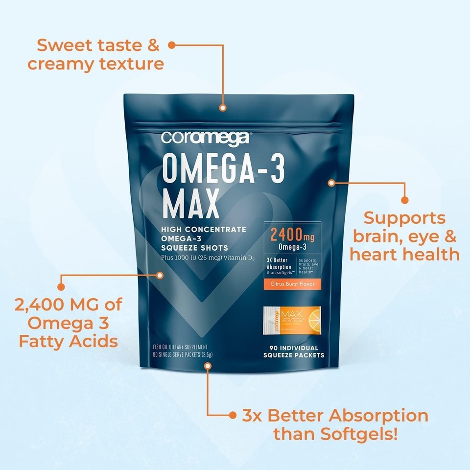 Coromega MAX 2400mg Omega-3 Fish Oil + Vitamin D (30 Squeeze Packets ...