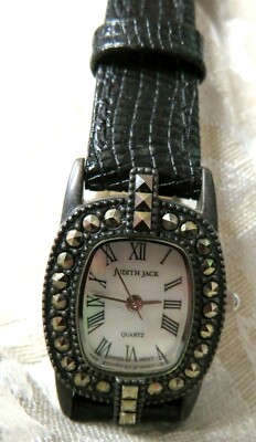Ladies Judith Jack Sterling Watch-Leather Band-Marcasite -M.O.P 7/8"w x ...