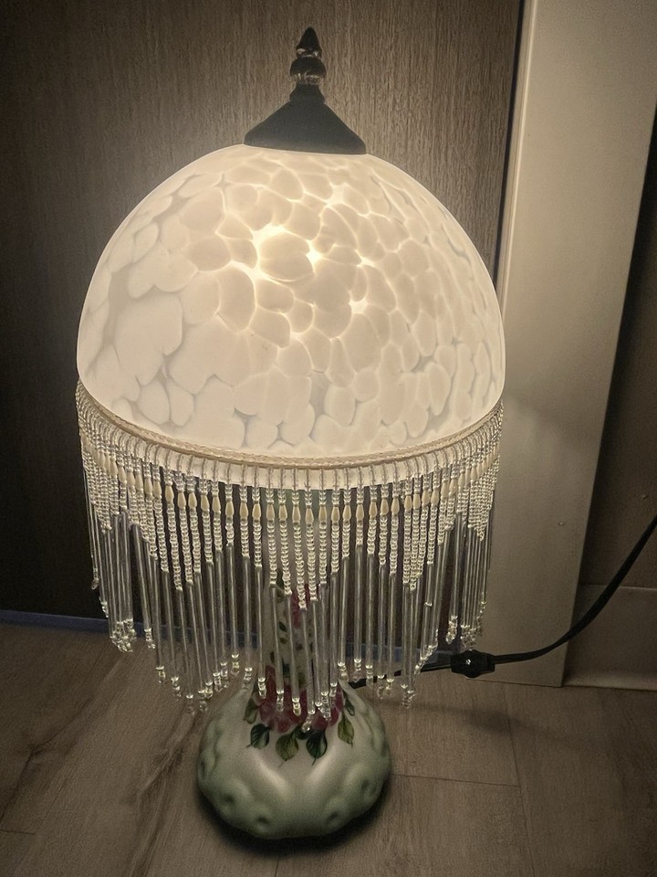 Shabby Chic Hand Painted Boudoir Table Lamp With Beaded Fringe Glass ...