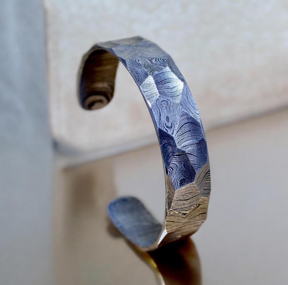 Damascus Hammered Bangle Hand Forged Steel Cuff Bracelet Viking Modern ...