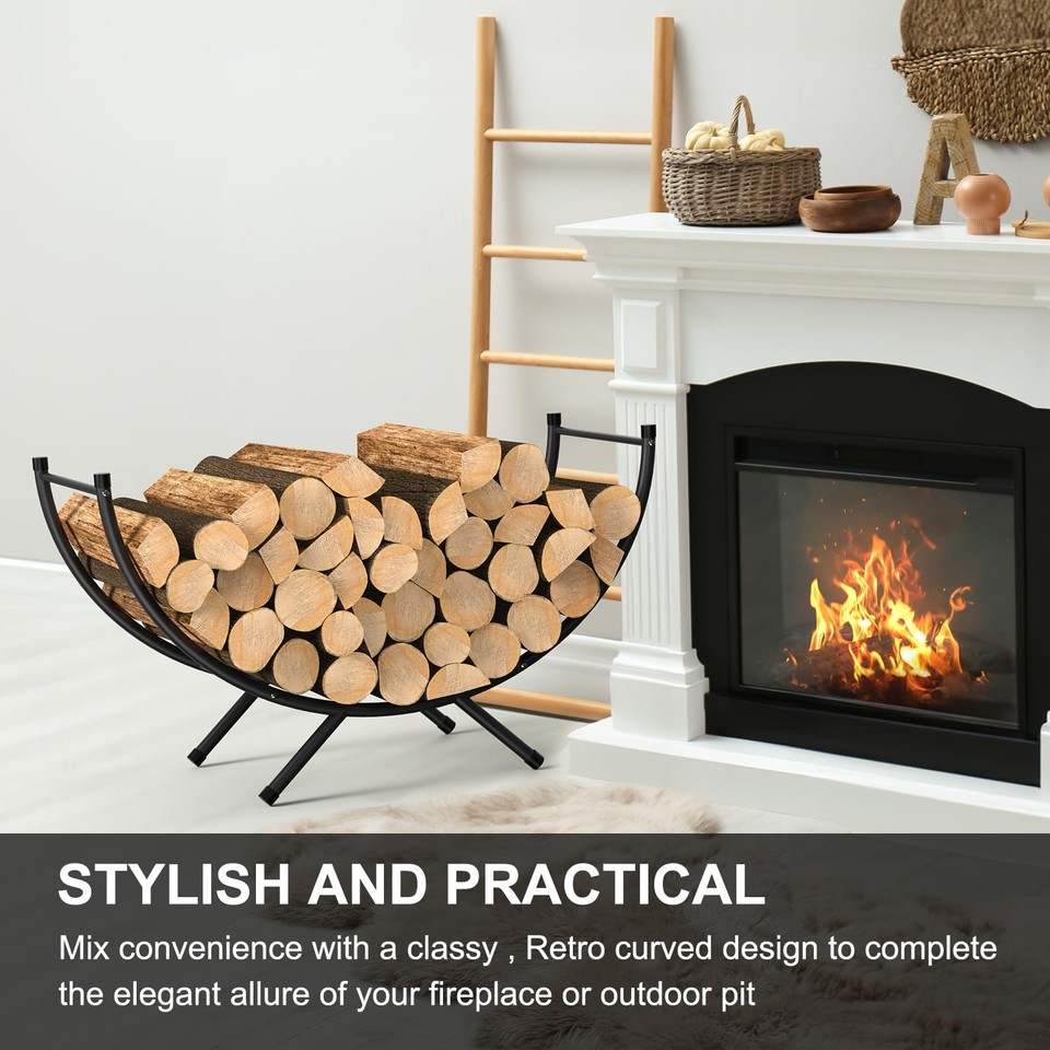 Curved Firewood Rack，33 inches Powder-coated Metal Fireplace Log Holder ...