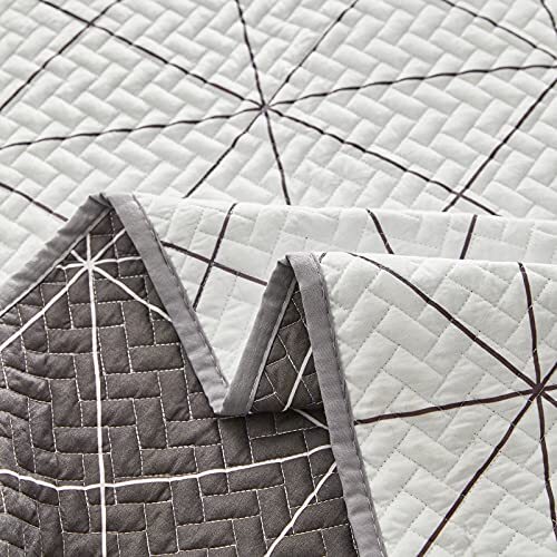 3 Piece Reversible Quilt Set Plaid White & Gray Queen Full Size 88x88 ...