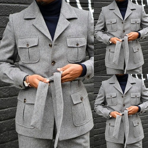 Wool Blend Men's Safari Jacket with Belt Wedding Outdoor Casual Warm ...