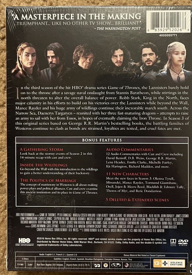 Game Of Thrones The Complete Third Season DVD w/ Deleted Scenes Brand ...