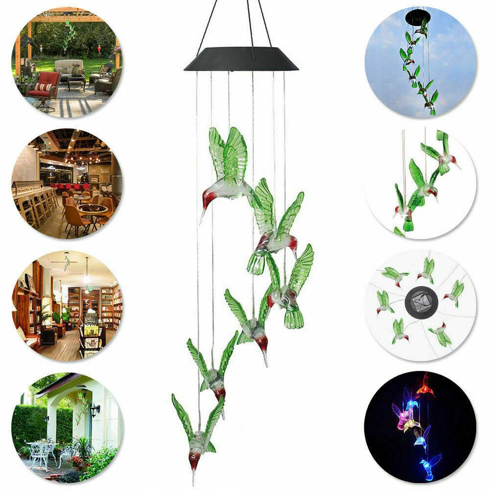 Color-Changing LED Solar Powered Hummingbird Wind Chime Lights Yard ...