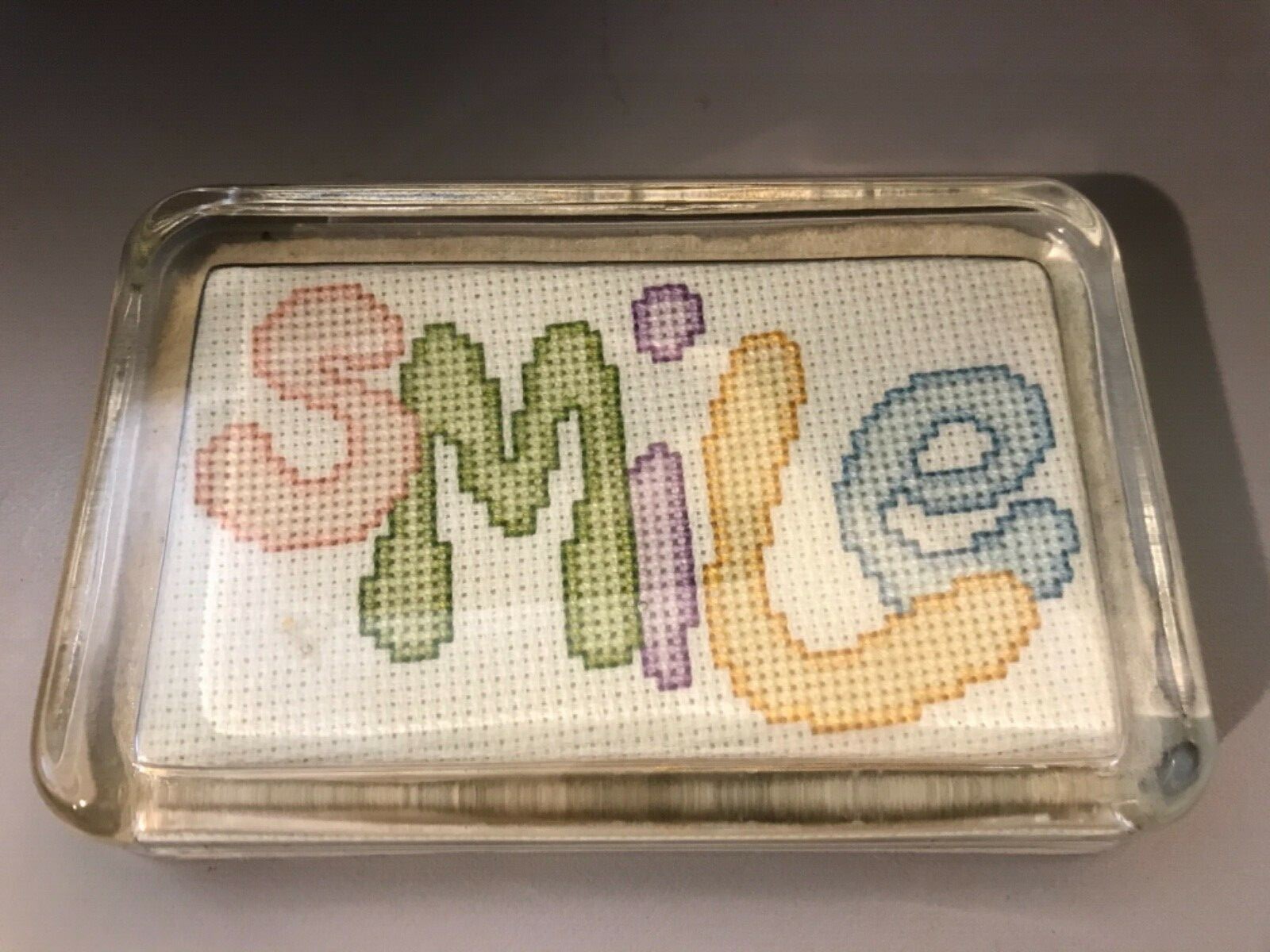 Vintage Smile Needlepoint Sampler Glass Paperweight Mid-Century 4.5” x3 ...