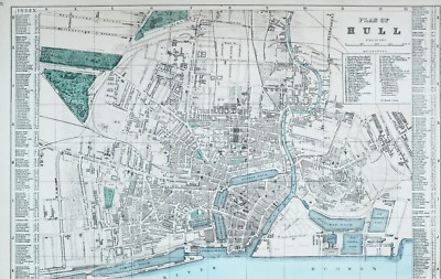 1883 LARGE MAP PLAN HULL QUEENS DOCK ARTILLERY BARRACKS GARDENS RAILWAY ...