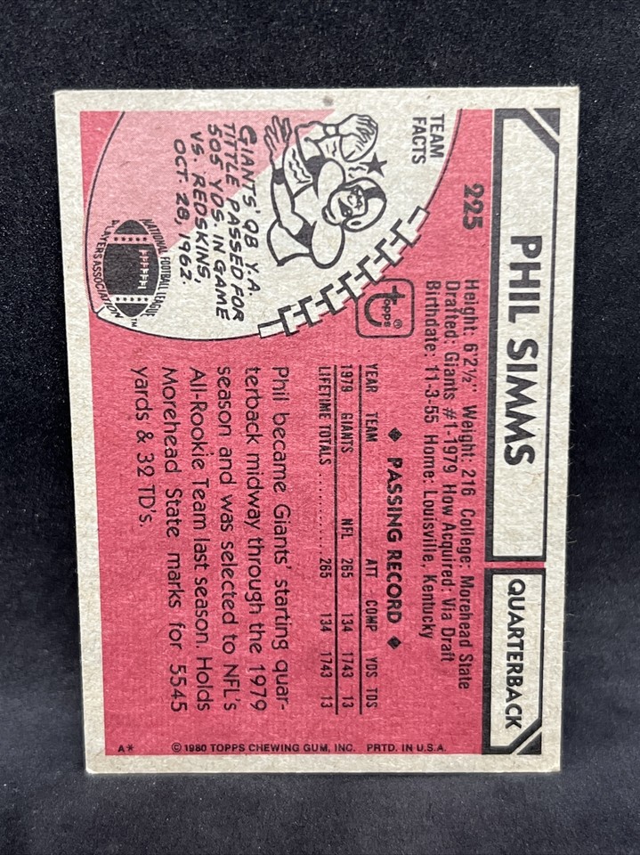 1980 Topps #225 Phil Simms ROOKIE RC GIANTS Ex | eBay