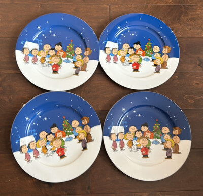 PEANUTS ZRIKE CHARLIE SNOOPY CHRISTMAS Stars 4 DINNER PLATES New Blue ...