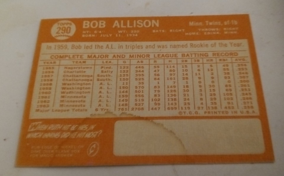 1964 Bob Allison Topps MLB Baseball Card #290 Minnesota Twins NM | eBay