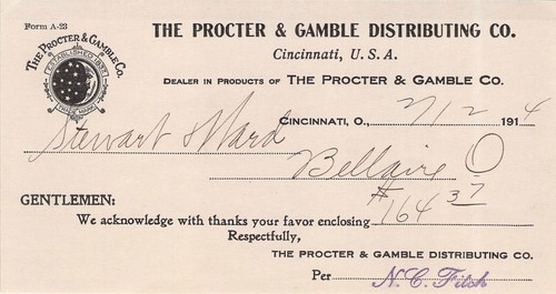 PROCTER & GAMBLE SATANIC PANIC 1914 CINCINNATI OHIO BANK CHECK RECEIPT ...