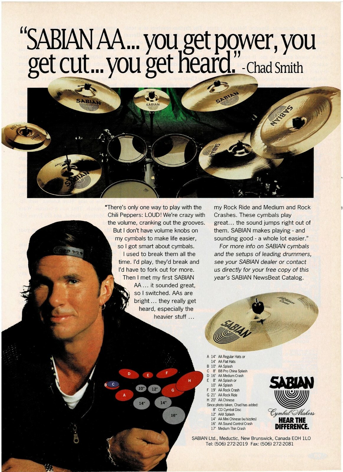 SABIAN CYMBALS - CHAD SMITH of RED HOT CHILI PEPPERS - 1994 Print Ad | eBay